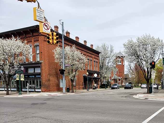 Spring blossoms frame historic brick buildings where every storefront tells a story worth discovering on foot.