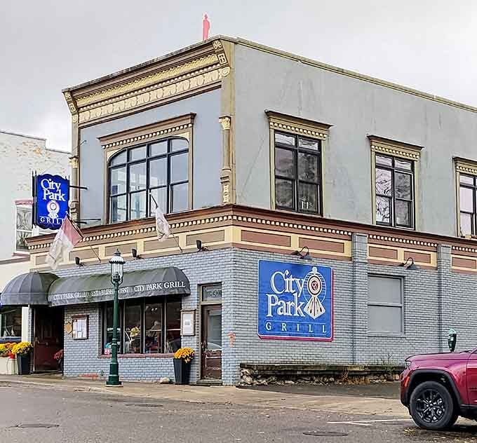 Under a gray Petoskey sky, City Park Grill's bold corner signage stands like a proud declaration of delicious intent.