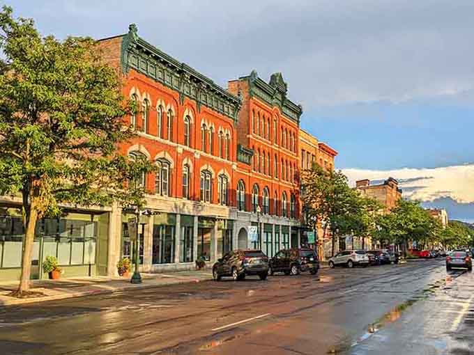 After a summer rain, Cortland's downtown glows like a freshly polished antique, red brick shining under golden evening light.
