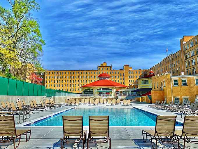 Rows of lounge chairs facing that grand pavilion and gleaming pool confirm that French Lick Springs Hotel takes relaxation seriously.