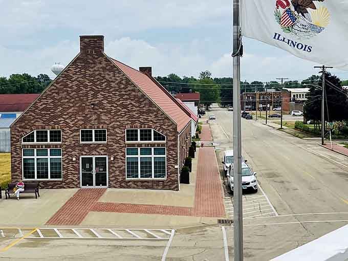 The Illinois state flag waves proudly over Fulton's tidy riverfront, as if the whole state is saying, "Yes, this one's ours."