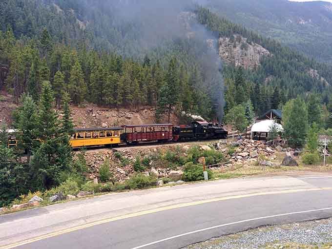 Steam drifting through the pines as the Georgetown Loop winds past a mountain road, looking gloriously unbothered by the modern world.