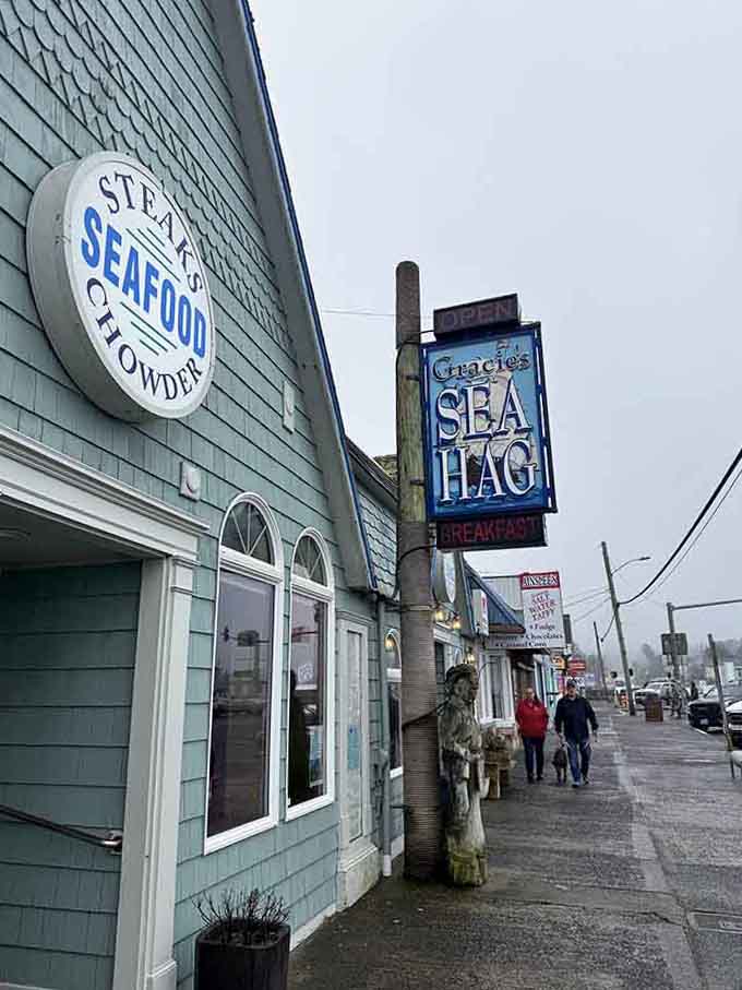 On a rainy Oregon coast day, that glowing Sea Hag sign is the warmest welcome imaginable.