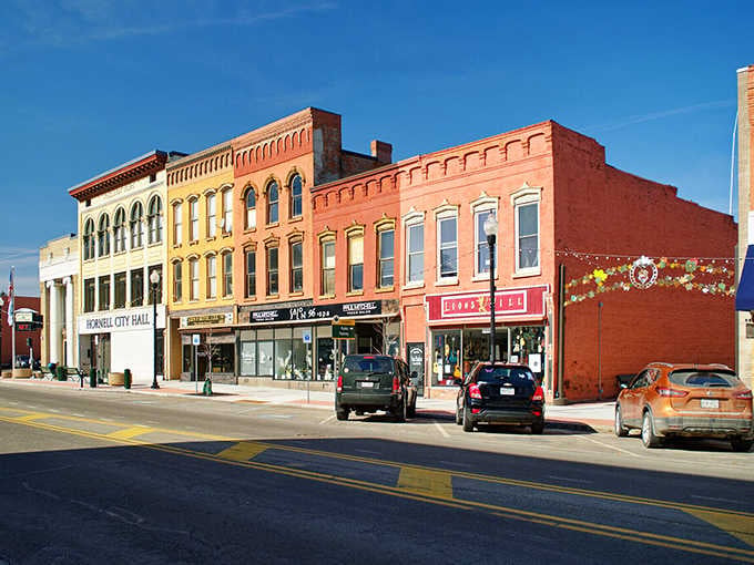 Hornell's warm brick storefronts glow under a crisp winter sun, proving charm doesn't take a cold-weather vacation.