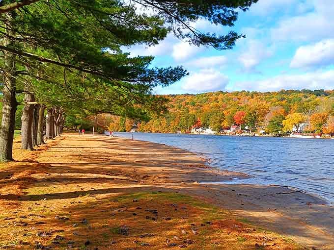Indian Well's shoreline blazes with autumn color, turning an ordinary afternoon into something genuinely worth remembering.