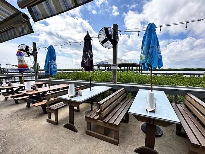 Those industrial fans mean business, keeping you cool while the sparkling waterway steals your complete attention.