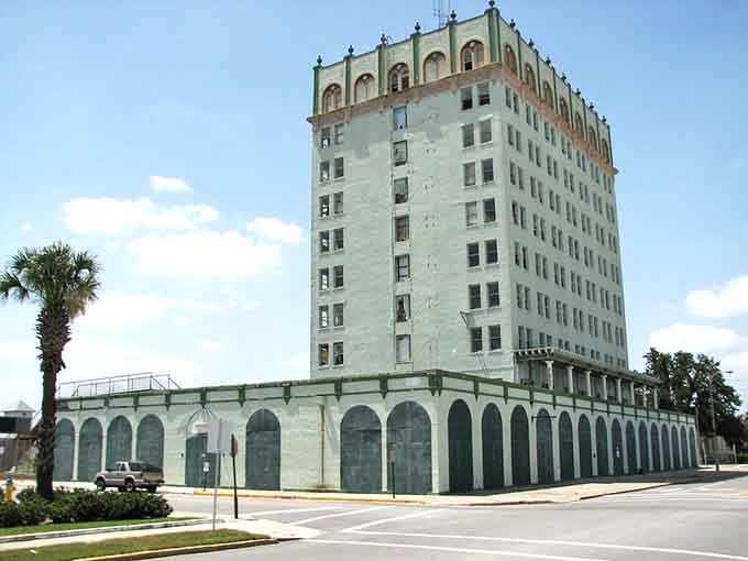 From this angle, the Hotel Grand's arched base and towering silhouette feel like something out of a Fitzgerald novel.