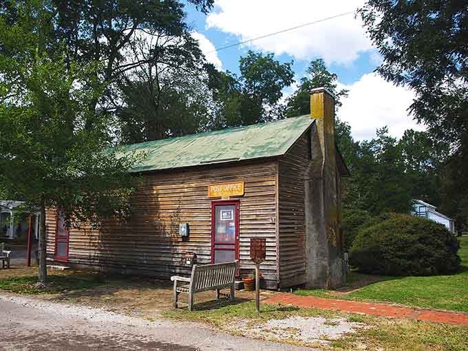 Weathered wood, a green tin roof, and a hand-painted sign — Mooresville's old post office is charmingly, perfectly frozen in time.