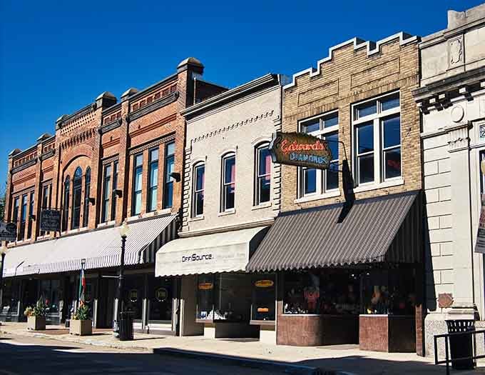 That glowing "Edward's Diamonds" neon sign tucked among New Castle's historic storefronts is pure small-town charm at its finest.