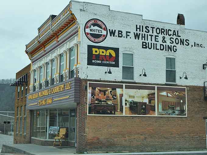 The W.B.F. White and Sons building in Richlands wears its history proudly, right there on the wall.