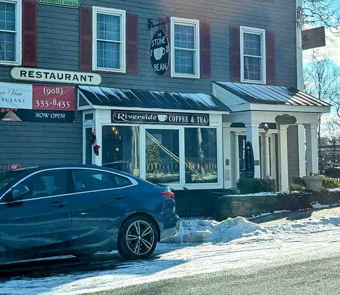 Snow on the ground, "Stone Bean" sign overhead, and hot coffee waiting inside. Perfect New Jersey winter math.
