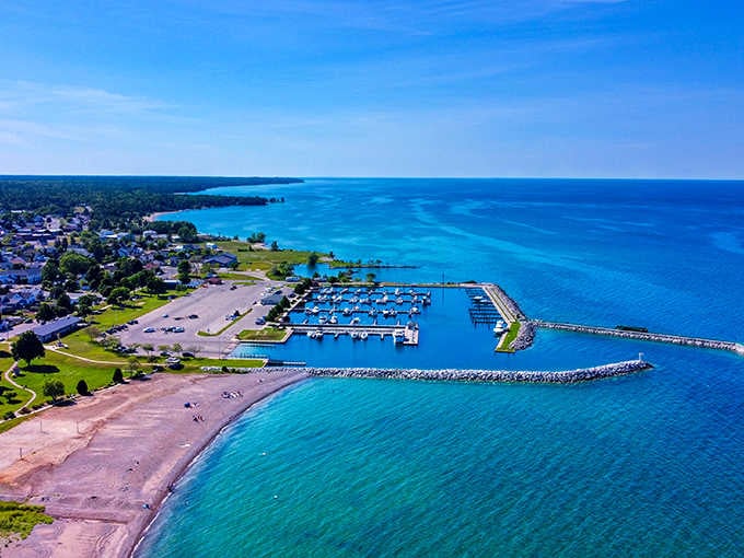 Rogers City's marina and shoreline shimmer in impossible shades of turquoise, making Lake Huron look like it borrowed its color from the Caribbean.