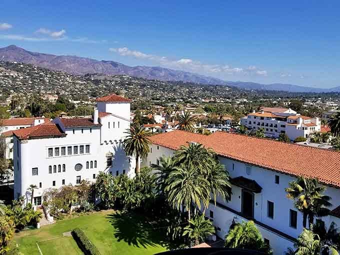 White walls, orange rooftops, and mountains behind &mdash; the Santa Barbara Courthouse view never gets old.