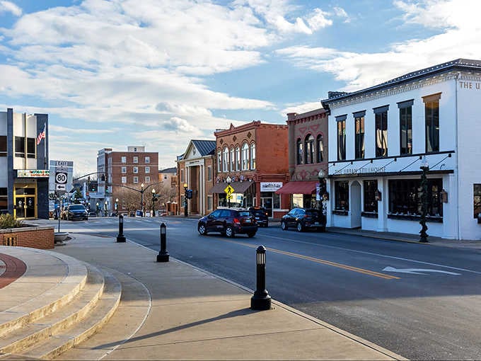 Golden hour light bathes historic storefronts in warm amber, making every building look like it's posing for its best photograph.