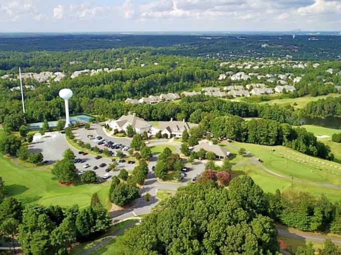Tega Cay's lush green landscape spreads out from above, looking like someone's very well-planned paradise.