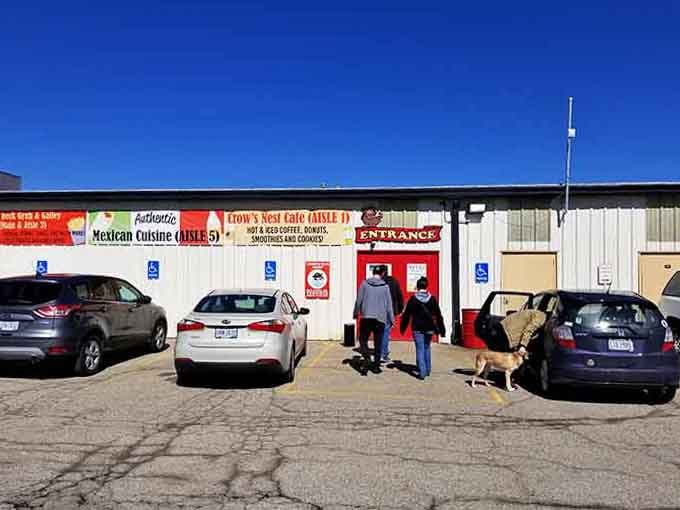 Donuts, Mexican food, and a dog leading the way in — Treasure Aisles clearly has its priorities straight.
