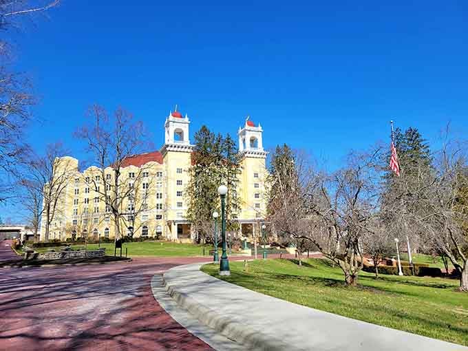 Those twin towers and that sweeping brick pathway make West Baden Springs feel like arriving somewhere truly important.