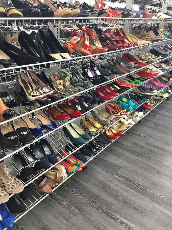 Row after row of shoes in every style imaginable &mdash; Cinderella would have had a field day in here.