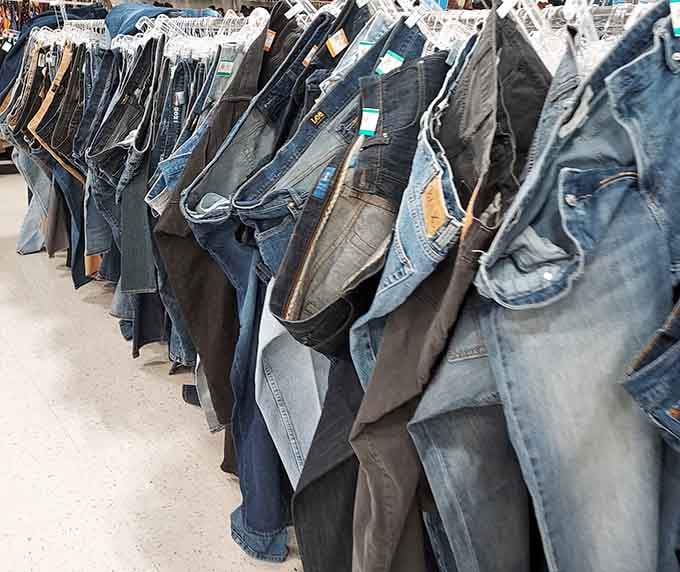 A wall of denim in every shade, from deep charcoal to classic blue, your next favorite pair of jeans is in there somewhere.
