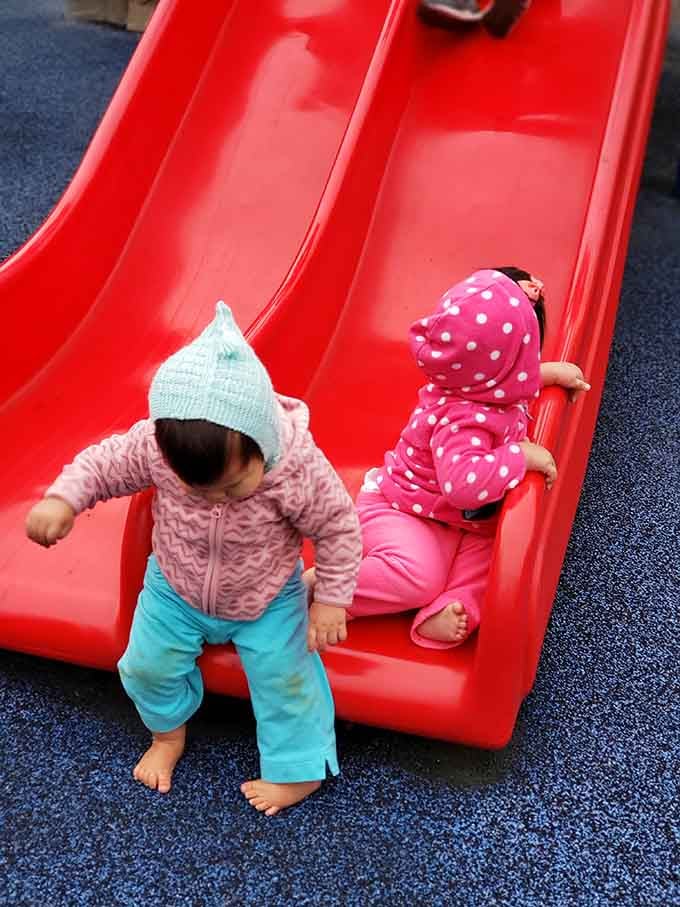 The red slide delivers again. Two bundled-up adventurers making the most of a perfectly good Connecticut afternoon.