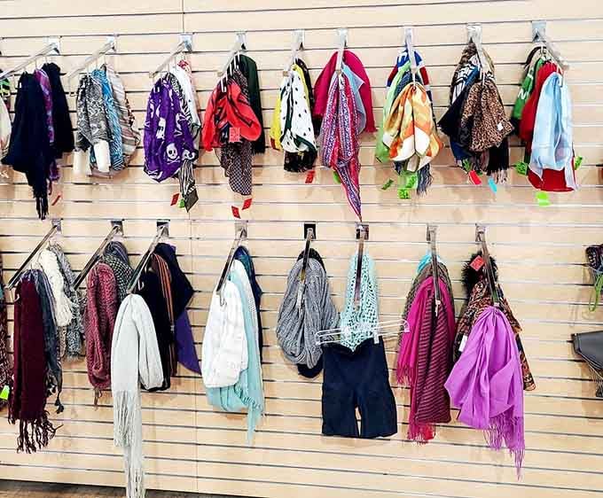 Scarves, wraps, and shawls in every color imaginable, proof that accessorizing well doesn't require a department store budget.