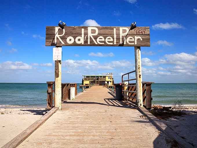 Weathered wood, salty air, and a hand-painted sign that says everything. The Rod and Reel Pier is charmingly, gloriously old-school.