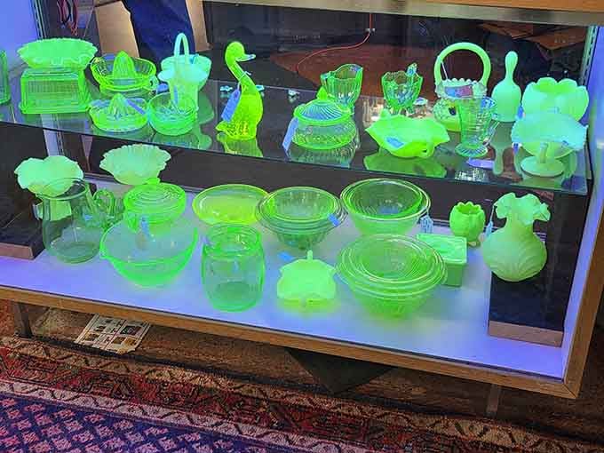 Uranium glass glowing like something from a 1950s science fair, beautiful, eerie, and absolutely impossible to walk past without stopping.