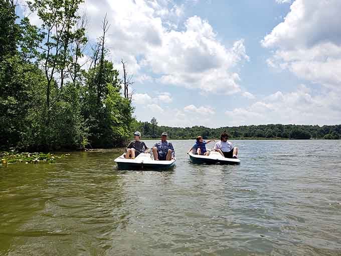 Pedal boating on Sunny Lake, where the only agenda is deciding who has to pedal harder.