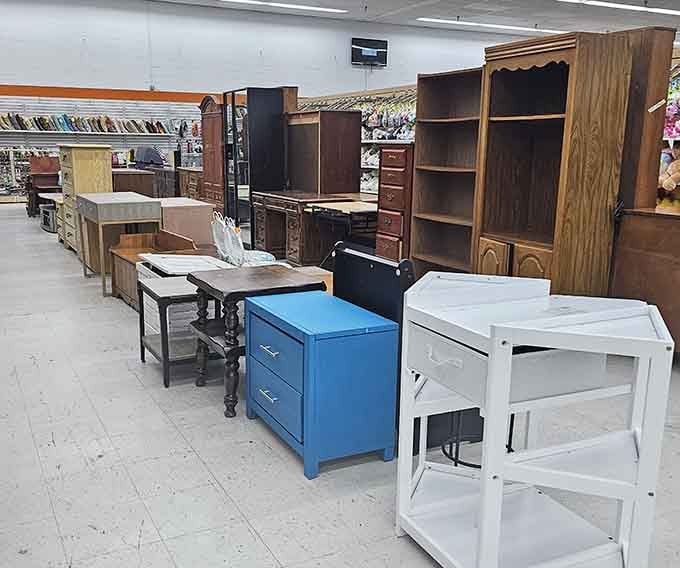 Real furniture, real variety, real savings. That bold blue dresser alone is worth the trip to Woodbridge.