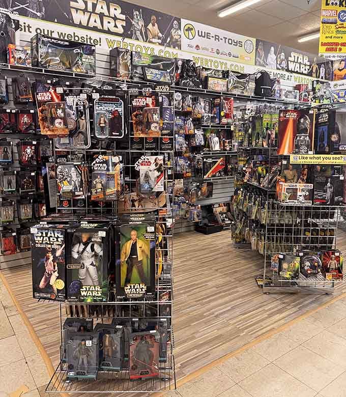 A wall of Star Wars figures that would make any collector's heart skip a beat or three.