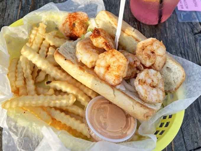 A shrimp po boy that arrived looking like a vacation and tasted even better than it looks.