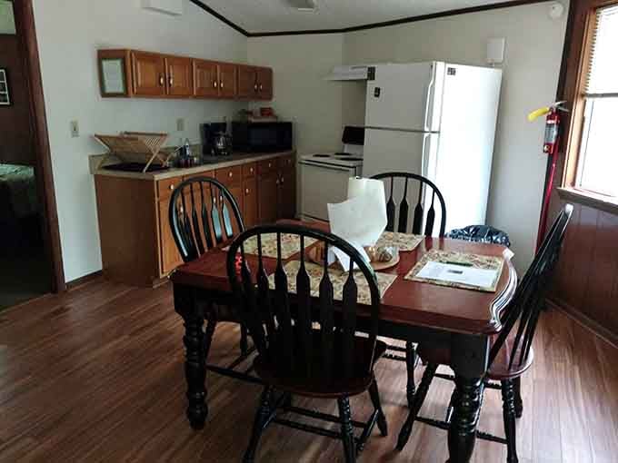 A full kitchen, a dining table set for four, and absolutely no dress code. Dinner is officially whatever you want it to be.