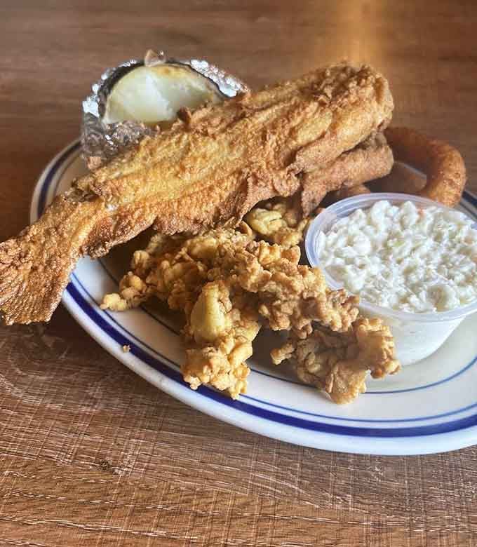 Catfish and oysters sharing one plate. A Southern seafood dream that nobody asked you to wake up from.