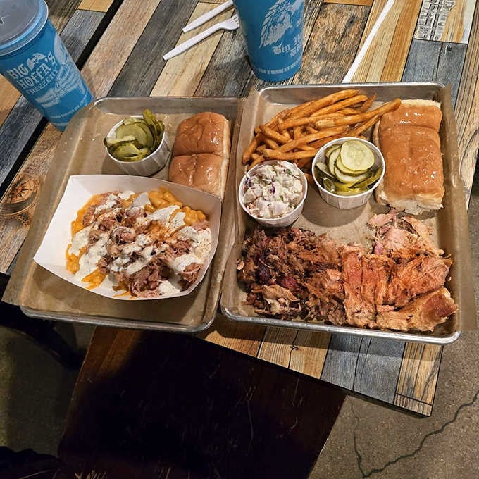 This spread of smoked meats, pickles, and sides represents everything great about authentic American barbecue traditions and techniques.