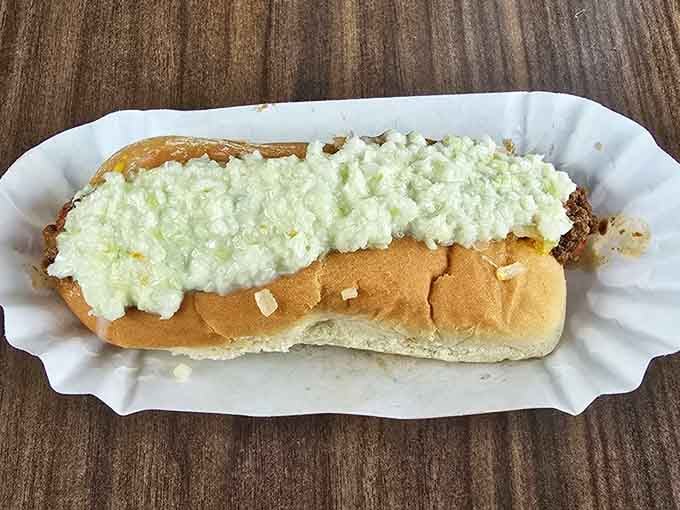 The slaw dog in all its glory. Creamy coleslaw meets savory chili in a combination that sounds simple and tastes like a revelation.