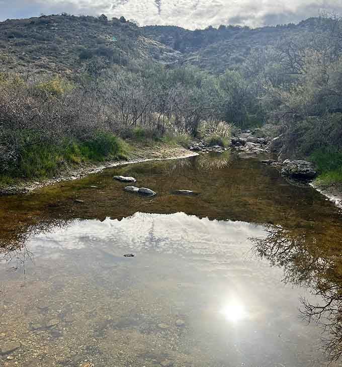 Reflections on still water transform this canyon hideaway into a mirror image of desert sky meeting ancient stone walls.