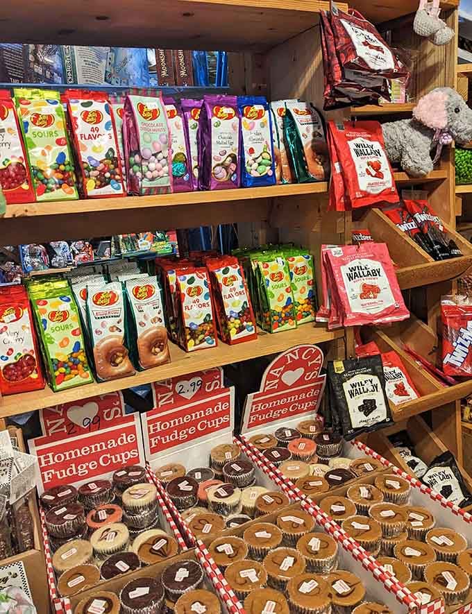 Homemade Fudge Cups sharing shelf space with Jelly Belly bags. This is the kind of variety that makes decisions genuinely difficult.