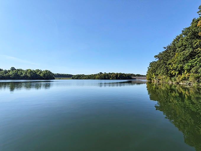 Caesar Creek Lake on a still morning looks like someone pressed pause on the whole world. Stay a while.