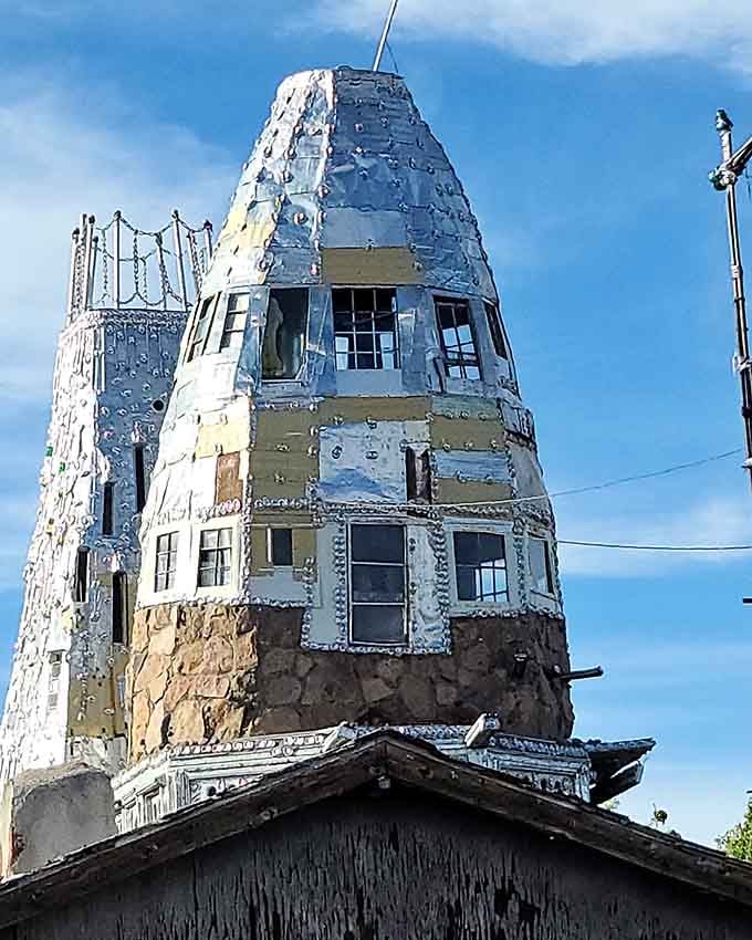 Rising cone-shaped and covered in flattened aluminum, this tower catches Colorado sunlight like a giant disco ball with ambitions.