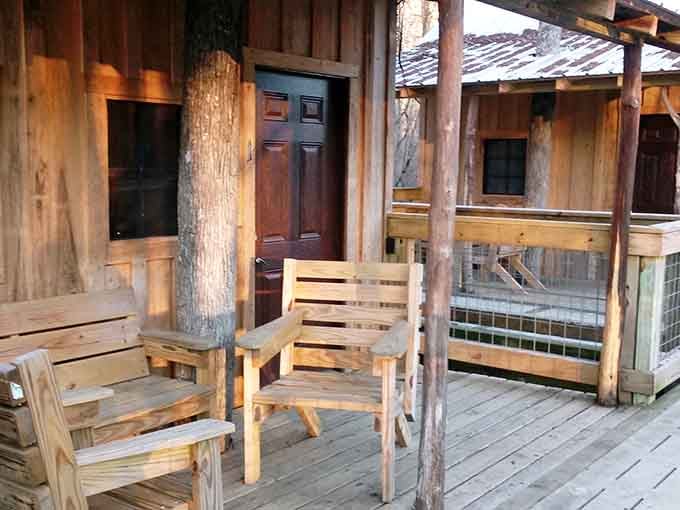 Simple wooden benches on the deck prove that the best furniture just gets out of nature's way.