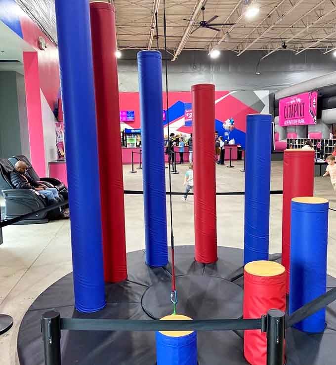 Padded poles, big ambitions. Navigating these colorful vertical challenges is harder than it looks, trust us.