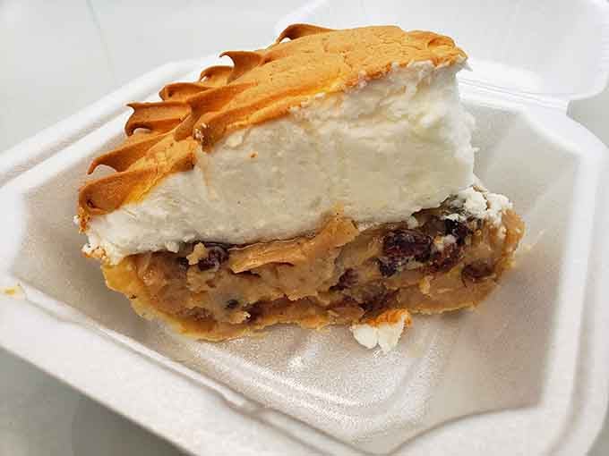 Sour cream raisin pie topped with golden meringue. One bite and you'll wonder where this has been all your life.
