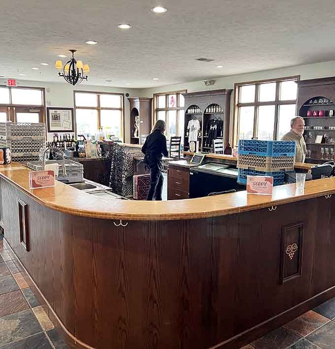 A beautifully curved tasting bar where knowledgeable staff turn curious visitors into genuine wine enthusiasts, one pour at a time.