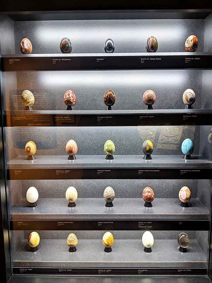 From mahogany obsidian to turquoise amazonite, each egg tells a million-year story in stunning, silent detail.