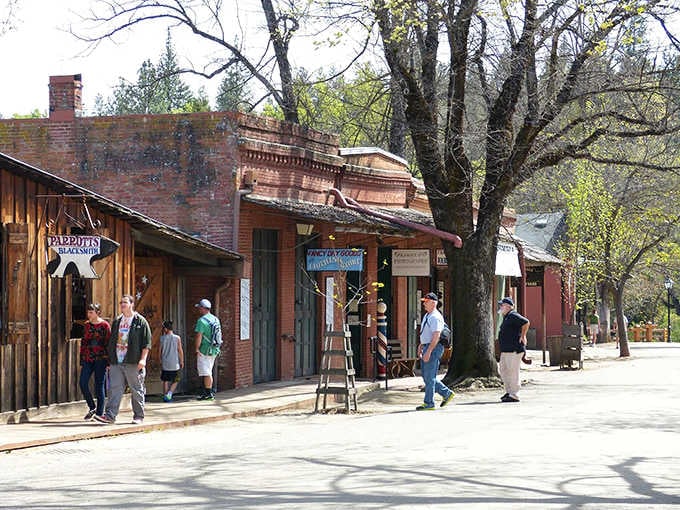 Parrott's Blacksmith shop on the left, fancy dry goods in the middle. Main Street Columbia has been open for business since forever.