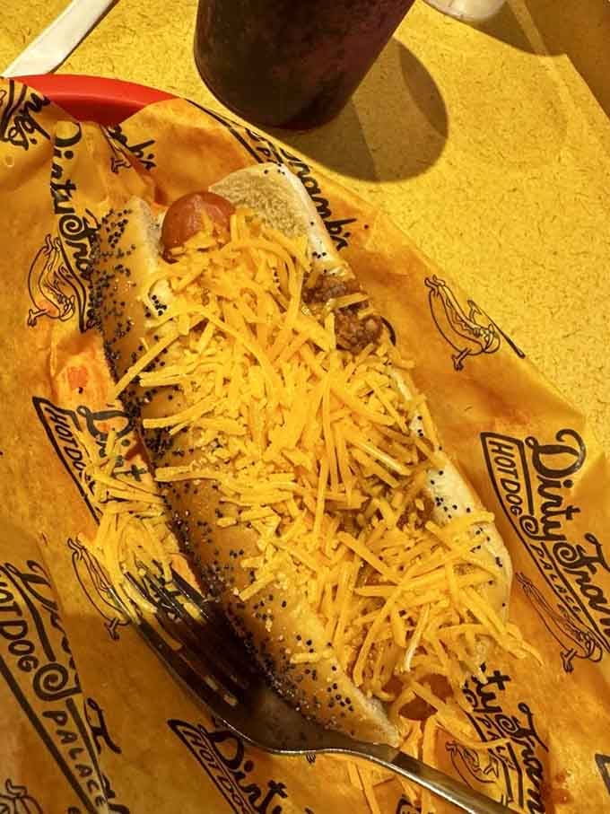 A chili dog buried under a golden avalanche of shredded cheddar, simple, glorious, and completely unapologetic.