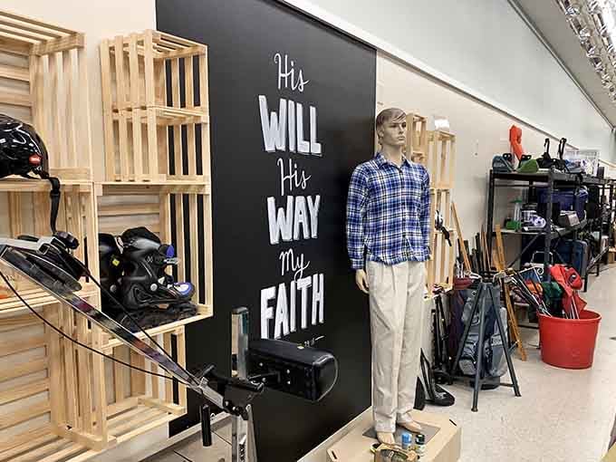 Inspirational wall art and a mannequin dressed for success, because even the decor here has something to say.