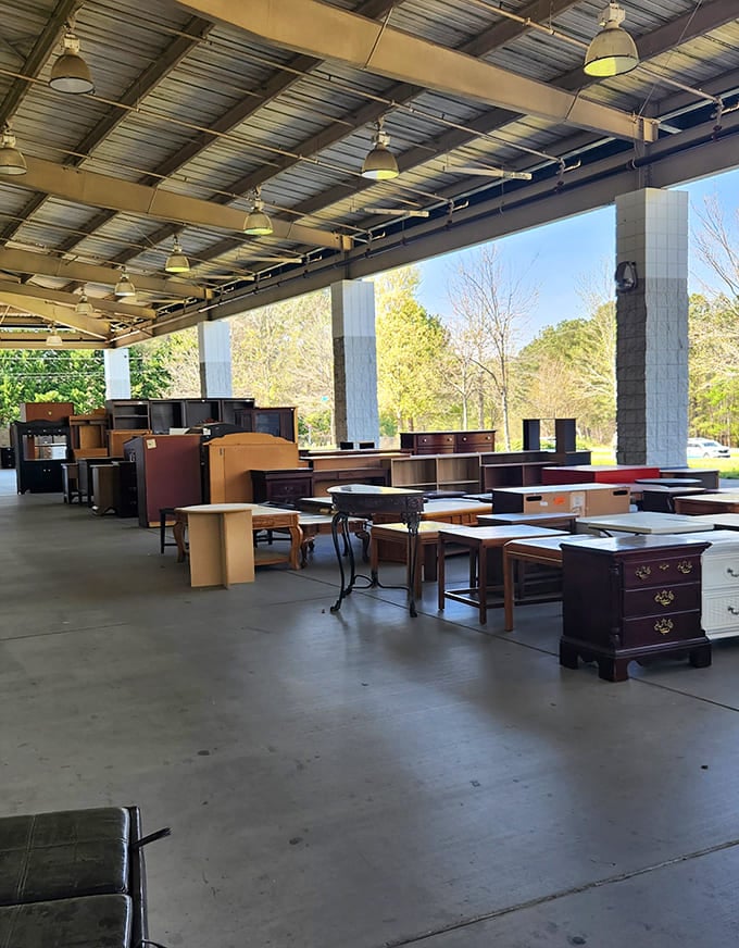A covered outdoor pavilion loaded with tables, dressers, and nightstands, shopping al fresco has never been this surprisingly productive.