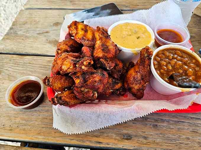 A pile of smoky wings surrounded by baked beans and dipping sauce, this tray is basically a standing ovation.