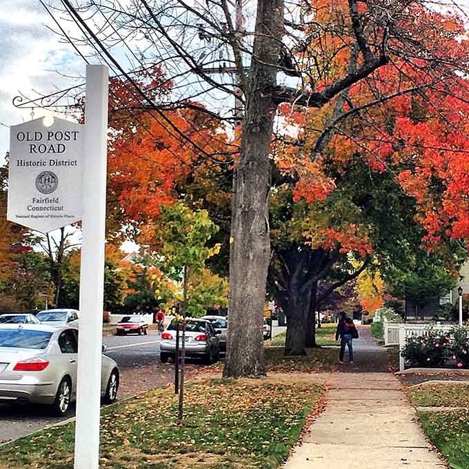 Fall foliage frames the Old Post Road Historic District sign like nature itself is showing off for the camera.